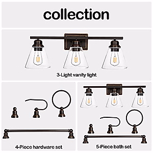 hykolity 3-Light Vanity Light Fixture, 5-Piece All-in-One Bathroom Set (E26 Bulb Base), Oil Rubbed Bronze Wall Lighting with Glass Shads, ETL Listed (Bulb not Included)