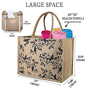 BeeGreen Burlap Tote Bag Jute Beach Bag with Laminated Interior & Inner Zipper Pocket for Teacher Mother's Day 17"×12.6"×7" Large Bird Bridesmaid Gift Tote Bag for Wedding Shopping