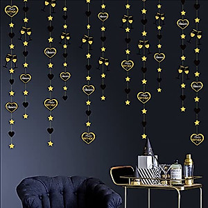 52Ft Black Gold Happy Birthday Decorations Happy Birthday Hearts and Wine Glass Star Garland Hanging Bunting Banner Streamers Backdrop for Women Mens 30th 40th 50th 60th 70th Birthday Party Supplies