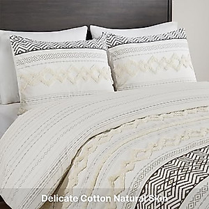 Hyde Lane Asha Boho Duvet Cover King, Farmhouse Ivory 100% Cotton Tufted Bedding Set with Zipper, Mid Century Modern Comforter Covers, 3 Pieces Including Matching Pillow Shams (104x90 Inches)