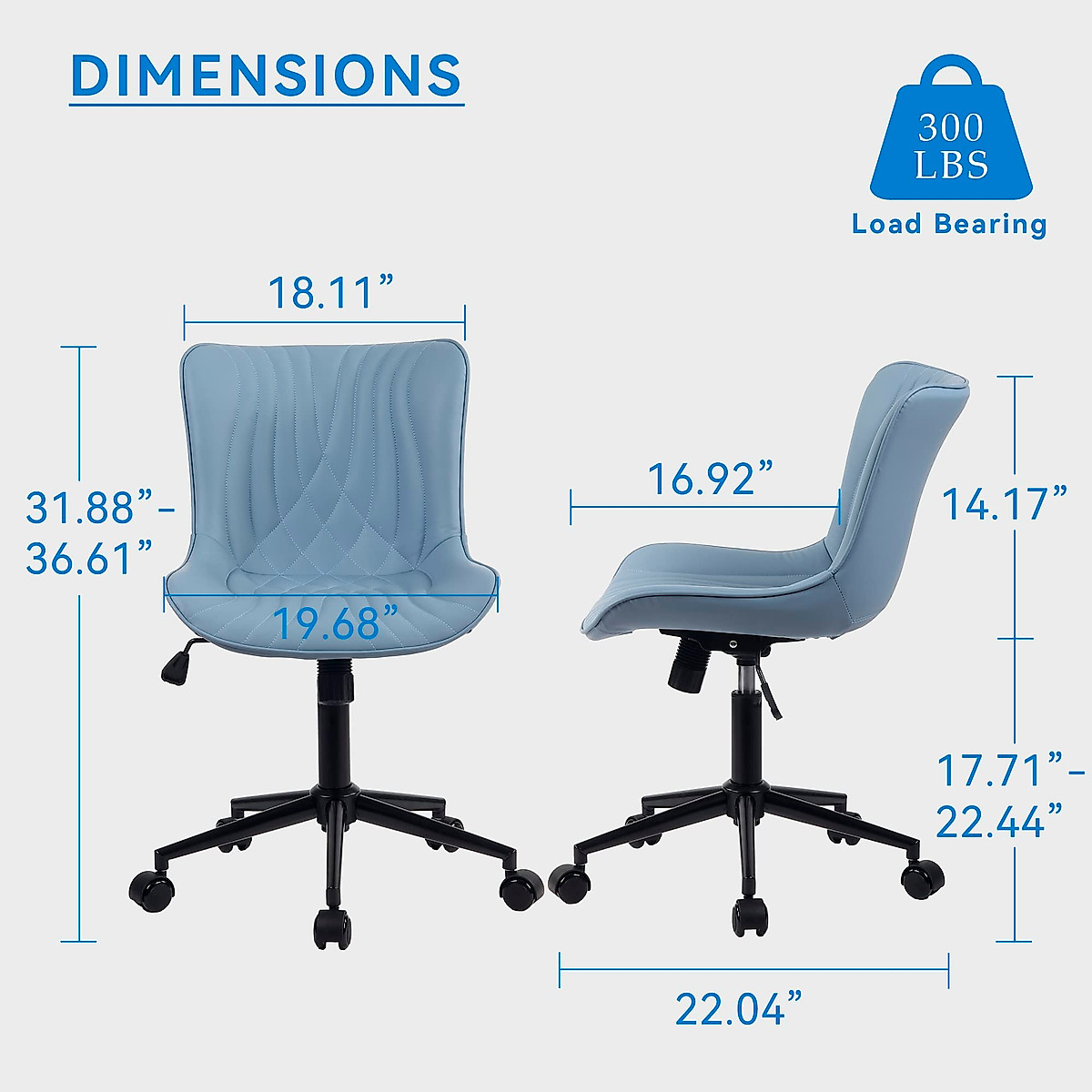 YOUNIKE Office Chair, Armless Desk Chair with Wheels, Aesthetic Home Office Computer Task Chairs, Modern Faux Leather Upholstered Vanity Chair, Adjustable Swivel Rocking Chair with Back, Blue