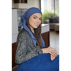 Madison Headwear Pretied Hair Scarves For Women Featuring A Unique Sparkly Foil Finish And Stretchy Ribbed Fabric (Crimped Solid DENIM)