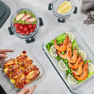 KOMUEE Rectangular Glass Baking Dish with Lids Set & Round Glass Food Storage Containers With Lids Set,Glass Bakeware Set with Lids for Lasagna, Leftovers, Cooking, Kitchen, Fridge-to-Oven,Gray