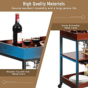 COSTWAY Kitchen Rolling Island Cart, 3-Tier Rolling Bar Serving Cart with Wine Rack & Glass Holders, Industrial Baker’s Rack on Wheels, Convenient Handle, Brown