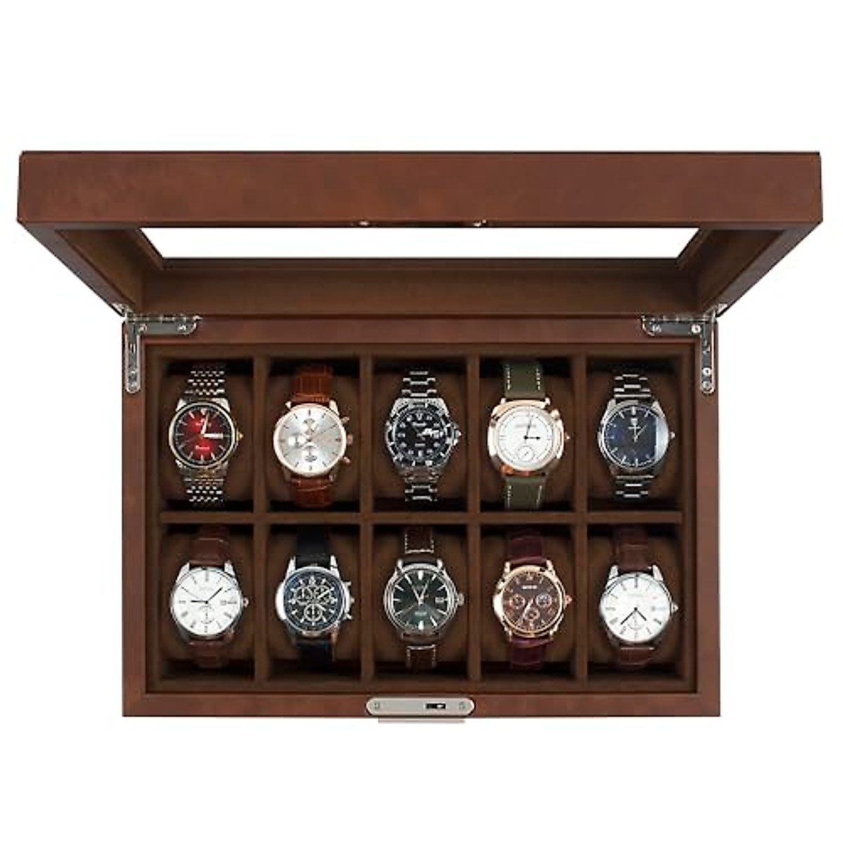 GUKA Watch Box, Luxury 10 Slot Watch Case with 55MM Wide Velvet Pillows, Watch Organizer Storage with Real Glass Lid, Watch Display Case for Men and Women Gift, Brown