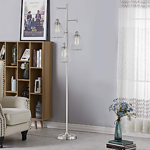 Floor Lamp, Industrial Rustic Standing Lamp with 3 Elegant Teardrop Cage Shade, Modern Tall Floor Lamps for Living Room with 3 Edison Bulbs, Minimalist Pole Floor Light for Home Office - Chrome