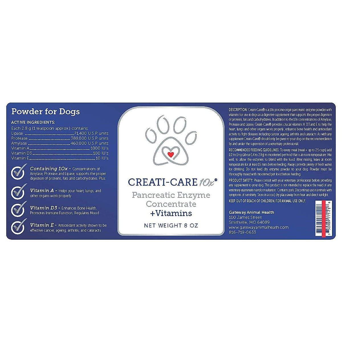 Pancreatic Enzyme for Dogs - Creati-Care 10x Dog Digestive Enzymes Powder with Vitamins Restore Normal Weight, Supports Pancreatin Issues Relieves Digestive Stress - 12 oz