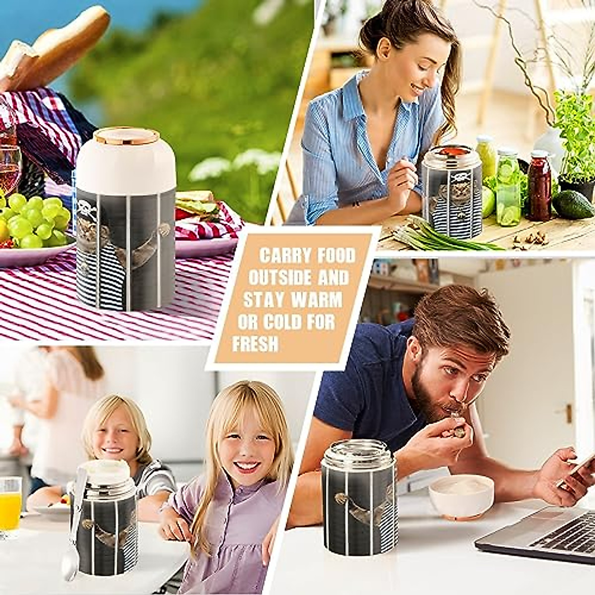 CUPADA Pirate Cat Funny Food Jar, Skull Cap Cute Insulated Hot Food Jars Vacuum 17OZ with Folding Spoon for Work Trip Picnic Camping