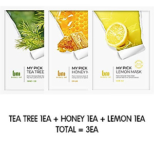 MY PICK 3 Type (Teatree, Lemon, Honey) Face Facial Mask Of 3 Sheets/Made In Korea