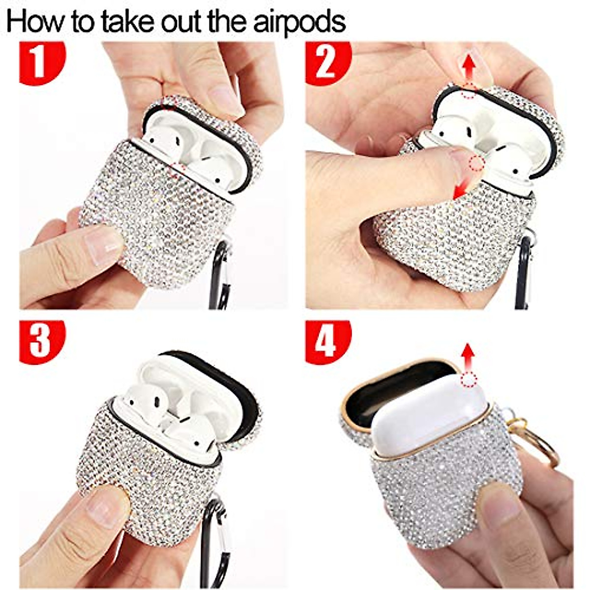 Sparkly Diamond Case for AirPods with Keychain, Shockproof Protective Premium Bling Rhinestone Cover Skin Compatible with AirPods Charging Case 2 & 1(White+AB C5)
