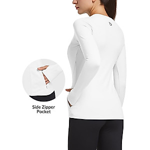 BALEAF Women's Thermal Shirts Long Sleeve Workout Tops Running Athletic Zipper Pocket Fleece Lined Cold Weather Gear Winter Thumbholes White L