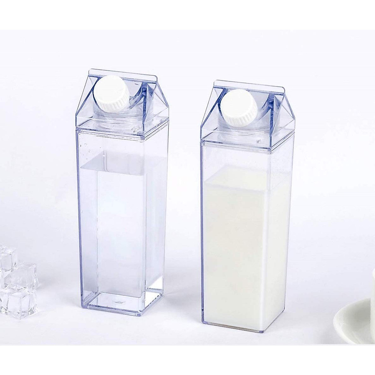 Milk Carton Water Bottle 17oz (500mL) Plastic Clear Square Milk Bottles No BPA Leakproof Water Bottle Portable Reusable Milk Carton Shaped Juice Bottle Perfect for Fitness Gym Camping Sports