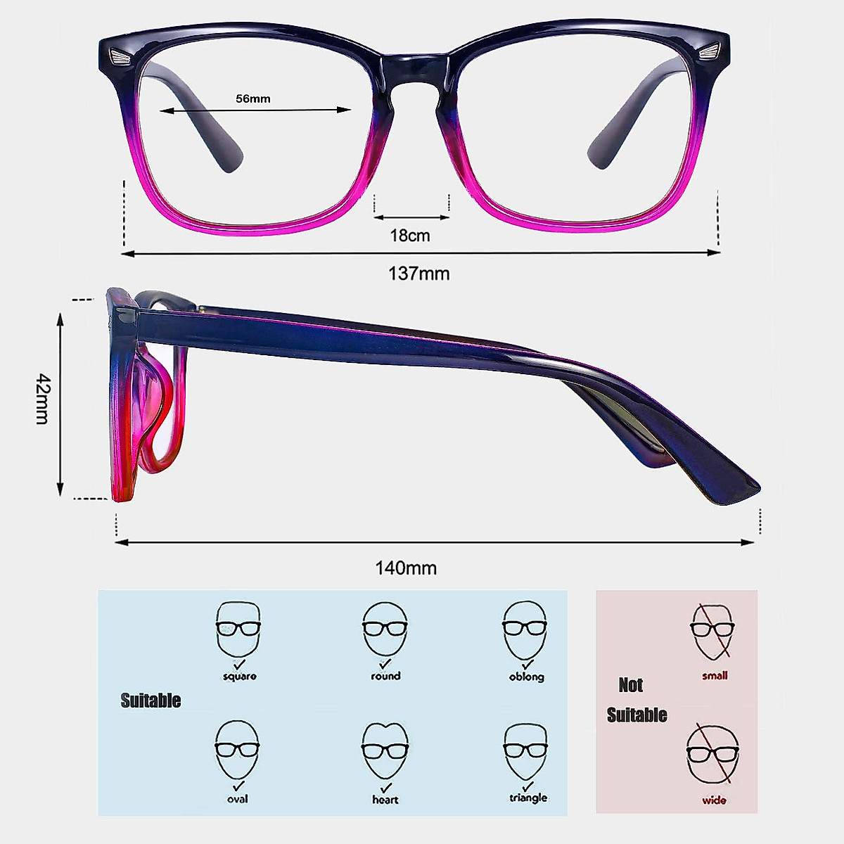 MAXJULI Fake Glasses with Cute Nerd Frame Reading/Gaming/TV/Phones Glasses for Women Men (Purple Gradient Pink)