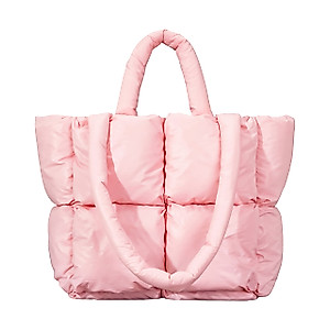 BDSX Large Puffer Shoulder Bag, Trendy Luxury Chic Quilted Cotton Padded Tote Bag for women, Winter Soft Puffer Tote Bag Nylon Down Pillow Bag Women's Handbags & Shopper Bag(Pink)