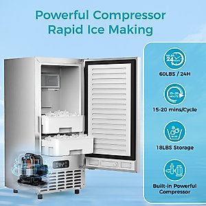 COWSAR Commercial Ice Maker Machine, Nugget Ice, 66lbs/24H Stainless Steel Under Counter Ice Maker, Self-Clean&24H Timer, Commercial Nugget Ice Machine with LCD Display, Ideal for Bar/Cafe/Restaurant