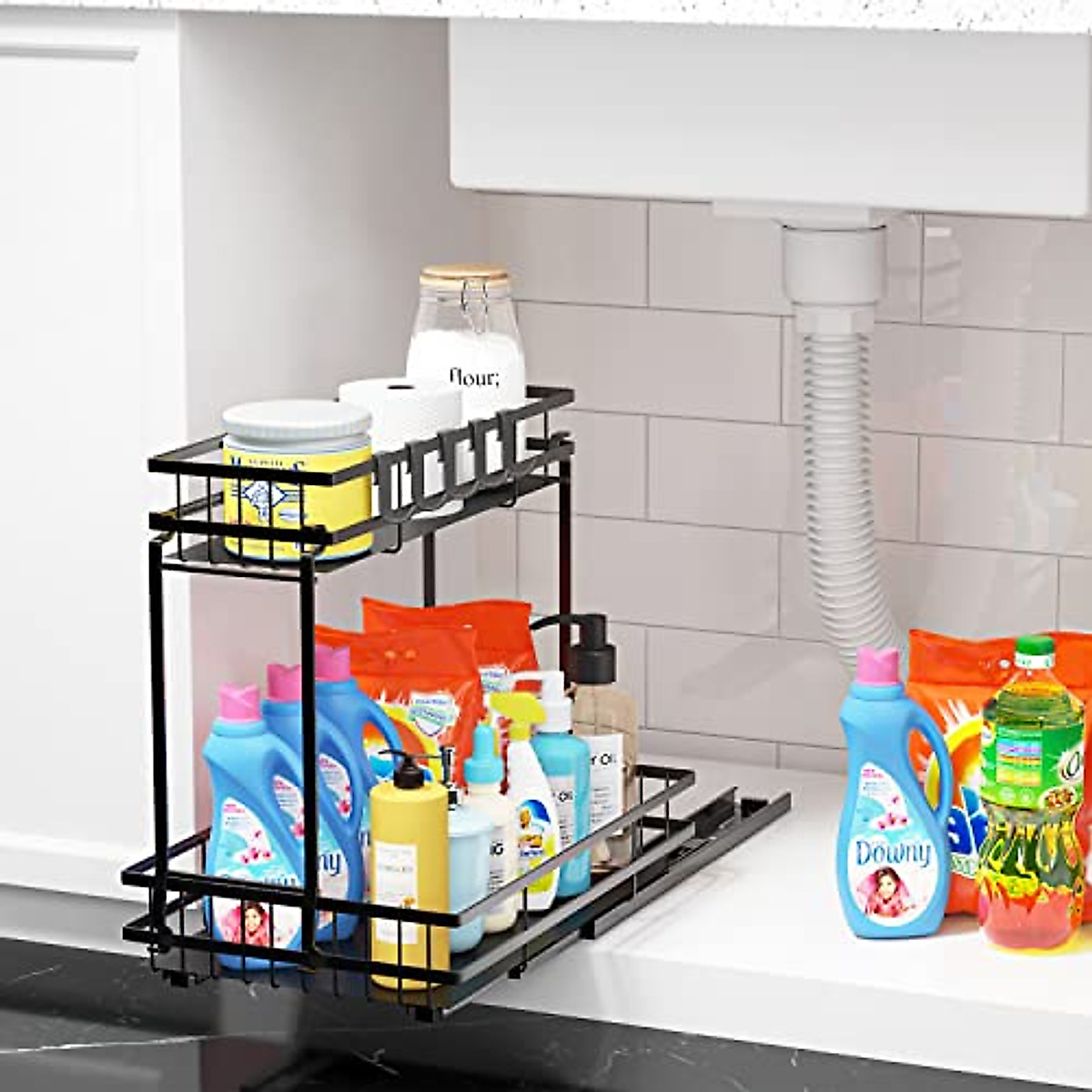 Z&L HOUSE Under Sink Organizer and Storage, Upgraded Silent Glide Undersink Organizers, Under Cabinet Organizer with Hooks 2 Tier Sliding for Kitchen Bathroom(Black)
