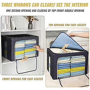 3 Pack Clothes Storage Organizer Bins - Foldable Metal Frame Storage Bins Stackable Oxford Cloth Fabric Container Organizer Set with Carrying Handles and Clear Window (Medium-36L, Navy Blue)