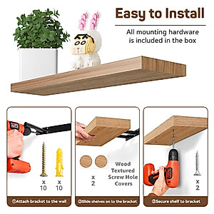 16.5in Floating Shelves, Natural Solid Wood Shelf Set of 2, Wall Shelves with Invisible Brackets, Rustic Wooden Wall Mounted Shelves for Bedroom/Living Room, Hold Up to 25lbs, Renter Friendly