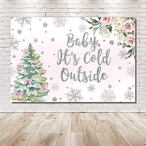 MEHOFOND Baby It's Cold Outside Backdrop Girl Baby Shower Party Decorations Silver Snowflake Winter Wonderland Photo Booth Banner Christmas Tree White Blush Pink Floral Background 7x5ft