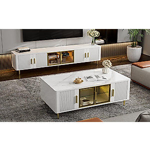 IKIFLY Modern Slate Coffee Table with 16 Colors LED Lights and Glass Doors, Durable Rectangle Design End Table for Living Room Bedroom