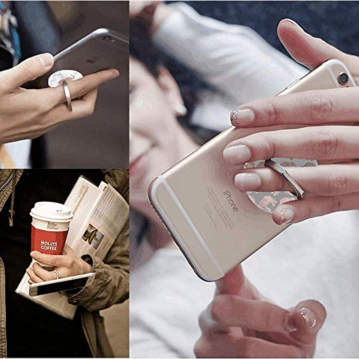 2 Pack/Cell Phone Ring Holder 360 Degree Rotation Finger Stand Works for All Smartphone and Tablets-Rose Gold Elephant on Marble Clear Tribal Pattern