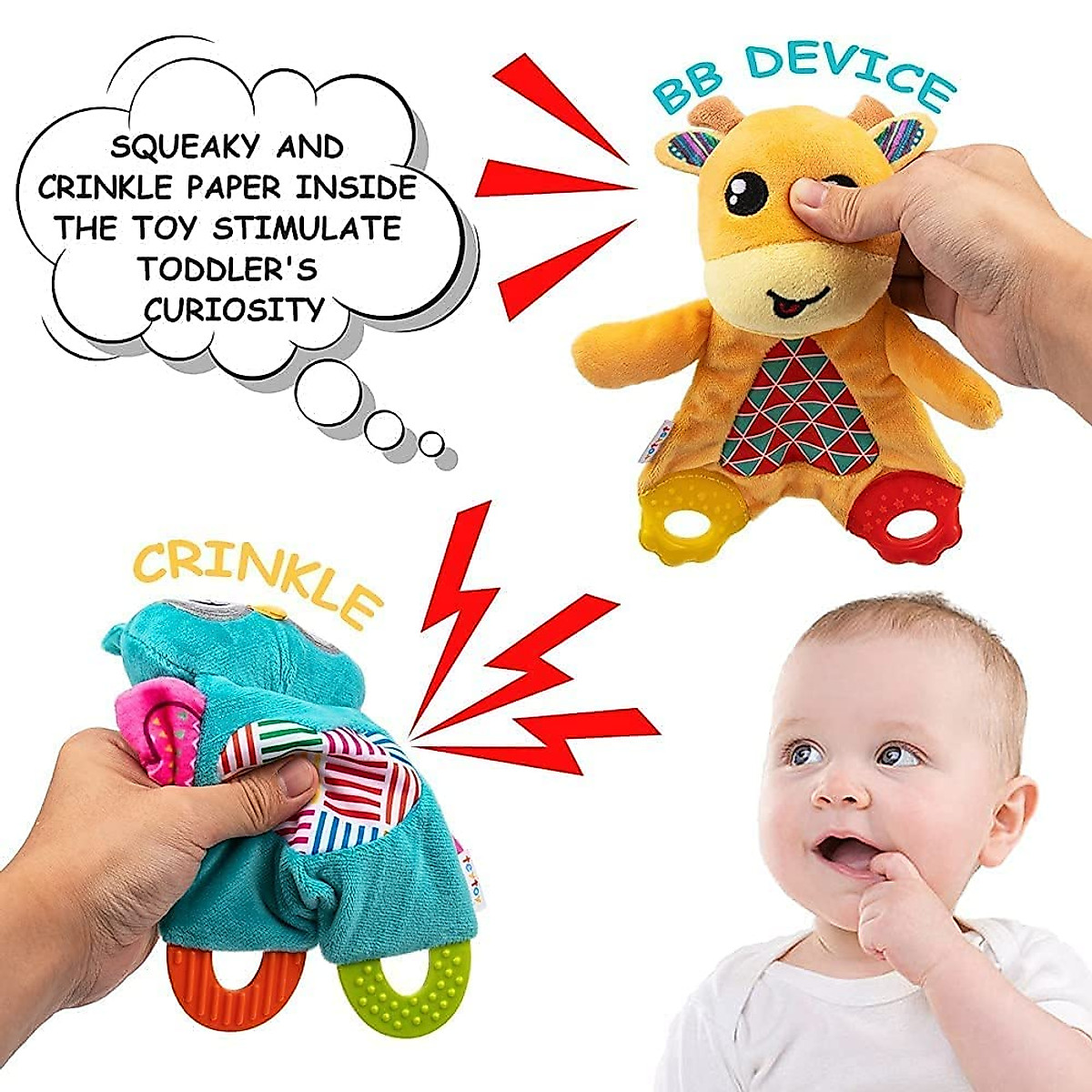 teytoy 2 Pcs Crinkle Toys for Baby with Teether, Baby Teething Sensory Toys Newborn Bib Saliva Soother Towel, Soft Snuggle Sleeping Security Blanket for Unisex Babies 0-36 Months Gifts(Owl and Deer)