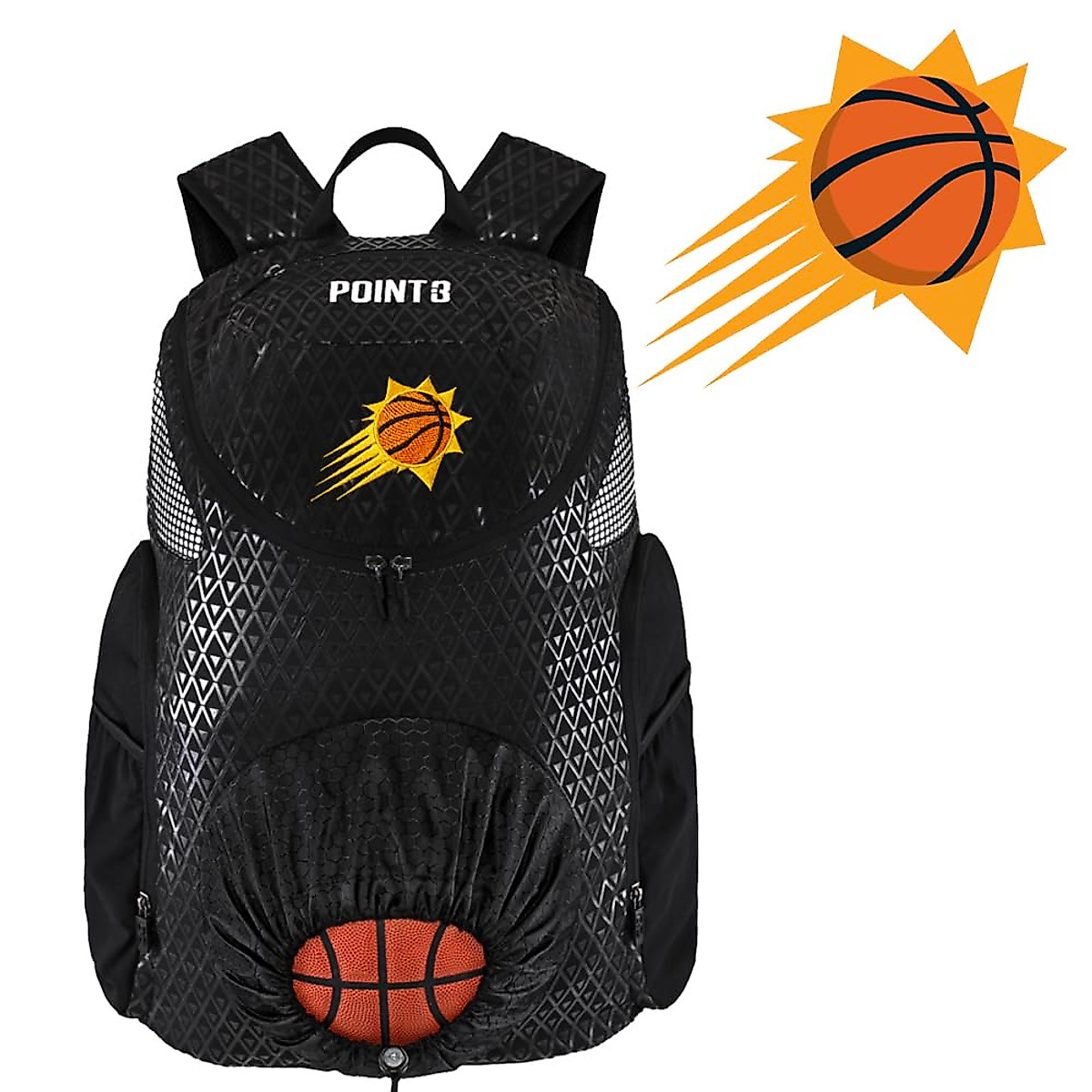 Point 3 Phoenix Suns Road Trip 2.0 Backpack Basketball Backpack with Drawstrong Closure | Ventilated Mesh Shoe Pocket Compartment | Black