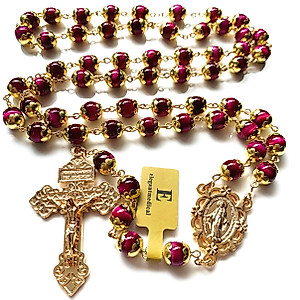 elegantmedical HANDMADE Red Tiger Eye Prayer Beads Catholic Rosary Necklace Gift Box Italy Crucifix Gold (red)