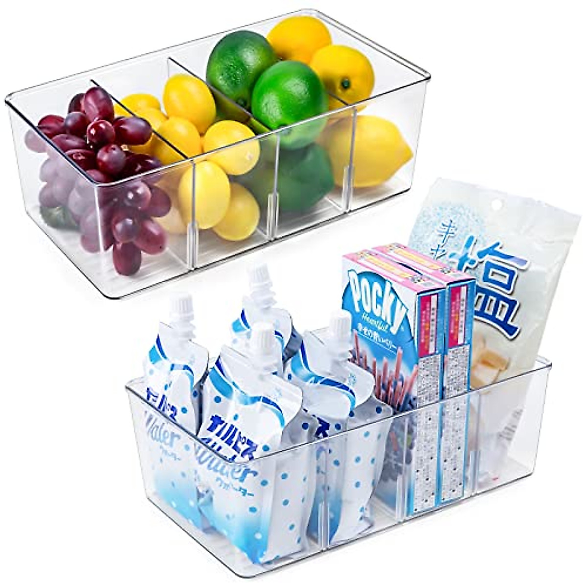 HANSGO Food Storage Organizer Bins, 2PCS Stackable Clear Plastic Organizer Bins with 6 Dividers Removable Pantry Organization and Storage Bins for Cereal Snacks Tea Seasoning