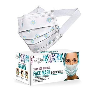 50 Pcs Disposable Face Masks, 3 Ply Cotton Face Mask, Adjustable Ear loops For Face Protection, Breathable Single Use Clearance Face Masks (50 Count (Pack of1), Flower Blue)