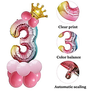 Falliny 32 Inch Rainbow Number 3 Balloons with Latex Balloons Detachable Crown Foil Helium Party Birthday Decorations for Birthday Party,Wedding, Bridal Shower Engagement Photo Shoot, Anniversary