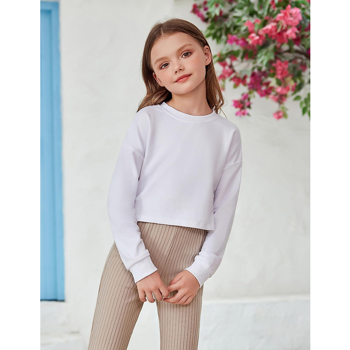 Arshiner Girls Crop Tops Kids Long Sleeve Pullover Sweatshirts Girls Cropped Crewneck Sweatshirt White Crop Top Long Sleeve Cute Clothes For 10-12