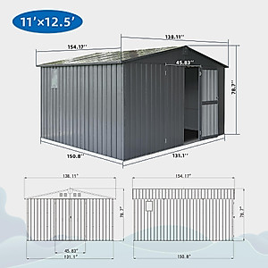 Domi Outdoor Storage Shed 11'x12.5', Metal Sheds Outdoor Storage with Lockable Doors & Air Vents for Patio Garden Lawn Backyard,Gray