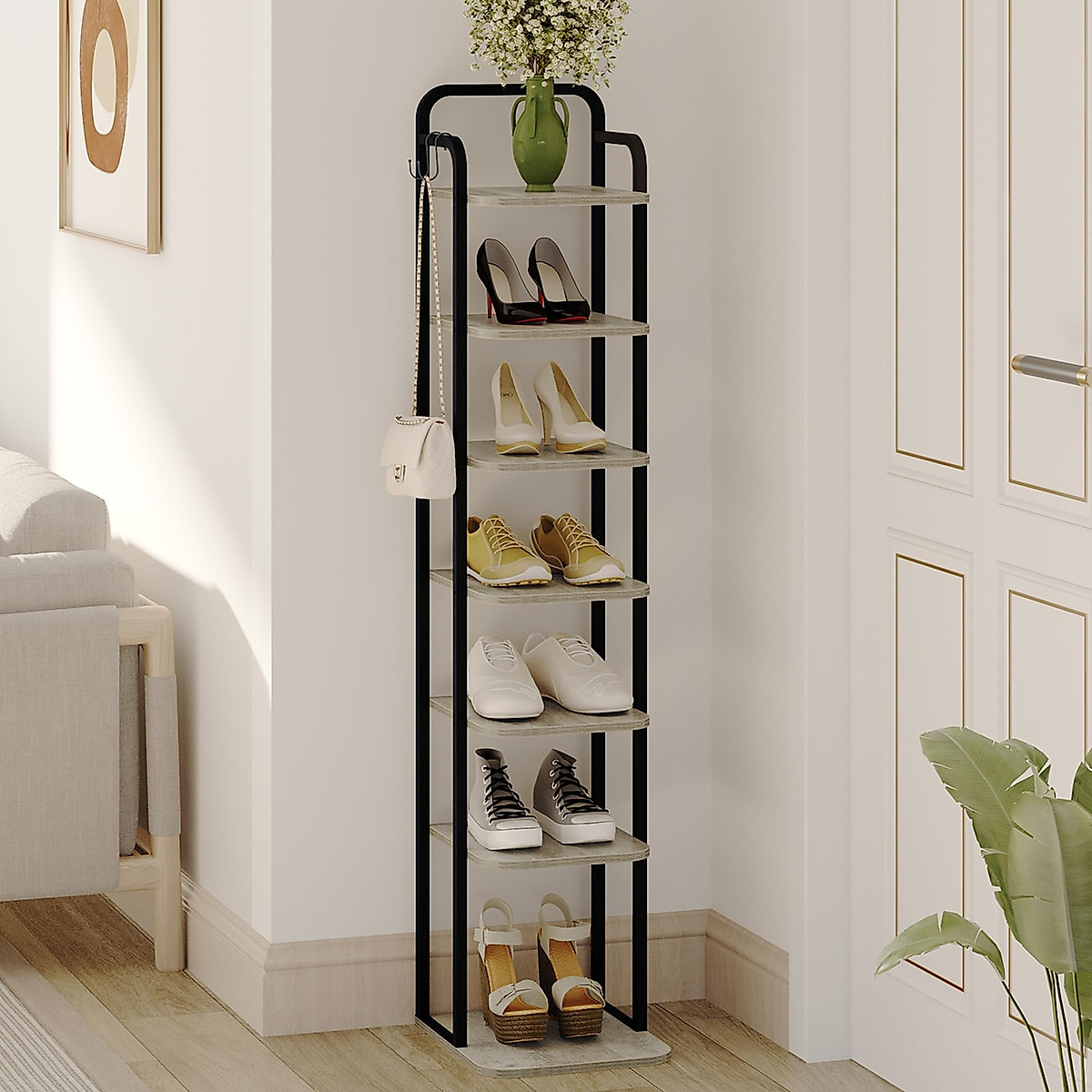 Hzuaneri Vertical Shoe Rack, Shoe Shelves, Wood Shoe Organizer for Closet, Entryway, Shoe Tower for Small Spaces, Free Standing, Adjustable, with 2 Hooks, 7 Tier Greige SR20205B