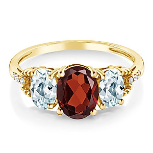 Gem Stone King 2.54 Ct Oval Red Garnet Sky Blue Aquamarine 10K Yellow Gold Ring (Size 7)