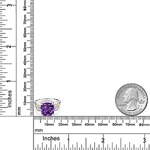 925 Silver and 10K Yellow Gold Purple Amethyst and White Created Sapphire 3 Stone Ring For Women (3.50 Cttw, Gemstone February Birthstone, Cushion 10MM, Round 4MM, Available In Size 5, 6, 7, 8, 9)