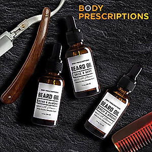 Body Prescriptions 3 Pack Revitalizing Beard Oil in Glass Bottles- Cedar & Almond, Sage & Mint, Birch & Argan Scented Beard Care, 1 fl oz/ (30 ml)