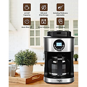 Teglu Coffee Maker with Grinder Built in 12 Cup, Programmable Grind and Brew Coffee Machine All in One with Warming Plate, Automatic Drip Coffee Pot with 60-oz Carafe BPA Free, 950W, Black-2023