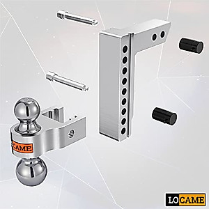 LOCAME Adjustable Trailer Hitch, Fits 2-Inch Receiver, 8-Inch Drop/Rise Aluminum Drop Hitch, 12,500 LBS GTW-Tow Hitch for Heavy Duty Truck with Double Stainless Steel Locks, Silver, LC0004