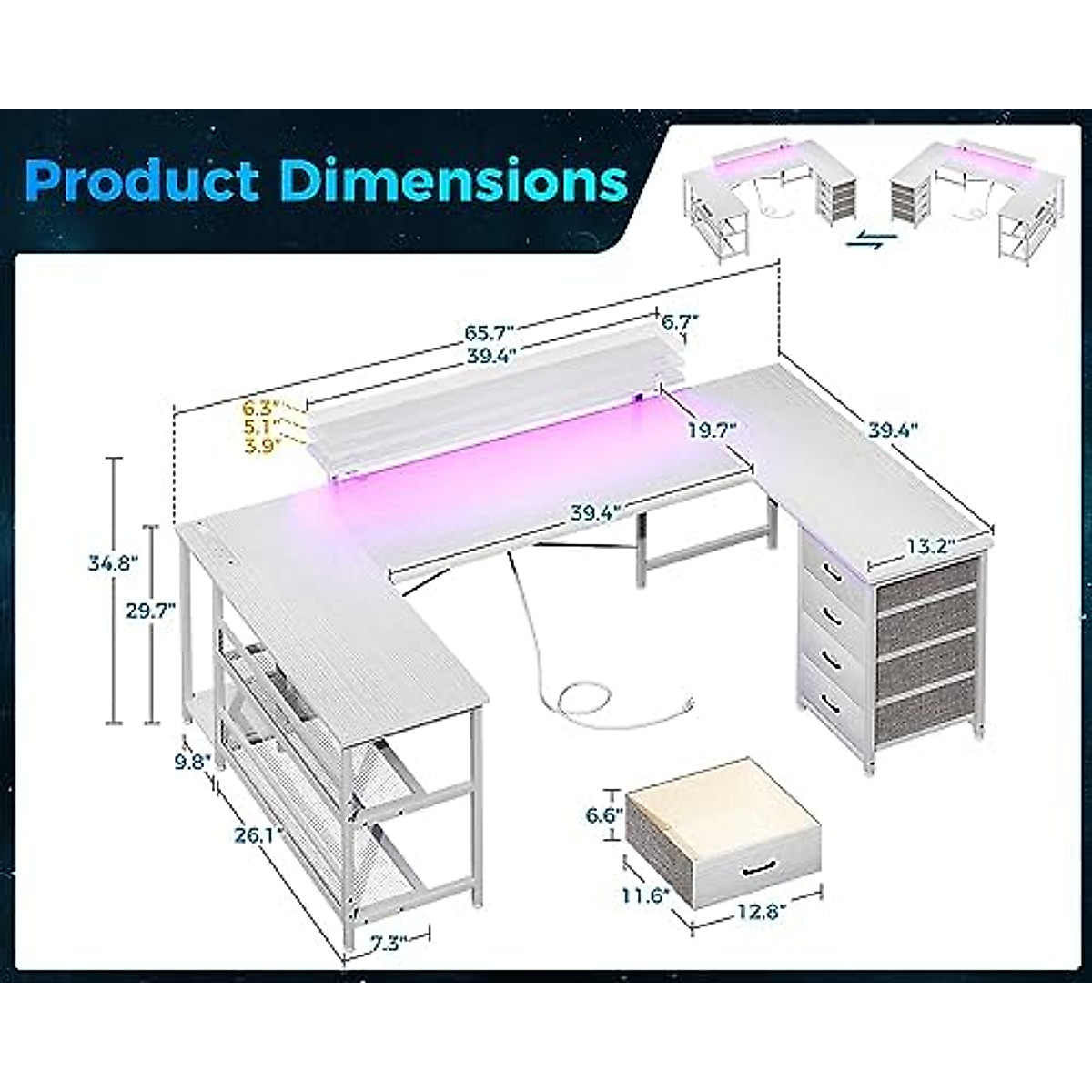 ODK U Shaped Desk with Power Outlets & LED Strip & Monitor Stand, 66" Reversible L Shaped Desk with Drawers and Storage Shelf, Home Office Gaming Desk, Grey Oak
