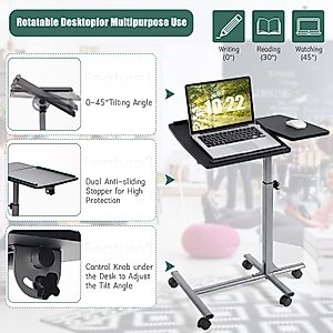 COSTWAY Rolling Laptop Stand, Mobile Laptop Tray and Cart with 45 °Degree Swivel Tilting Tabletop, Height Adjustable Mobile Podium from 24.5'' to 36'', Overbed Computer Workstation Table for Sofa, Bed