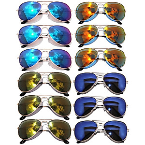 OWL Wholesale 12 Pack Aviator Gold Frame Sunglasses Full Color Mirror Lens Blue, Blue-Green, Red, Yellow UV400