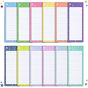 Peach Tree Shade Magnetic Notepads, 12-Pack of 60 Sheets 3.5" x 9", Star Patterns, for Fridge, Kitchen, Shopping, Grocery, To-Do List, Memo, Reminder, Note, Stationery (Starnotes Sunrise & Moonlight)