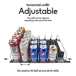 CNDSE Soda Can Organizer for Refrigerator,Spring Loaded Fridge Drink Organizer,Width-adjustable Push Rod Slide Rail Drink Dispenser for Refrigerator,Black (14.9in-6)