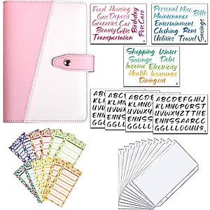 Budget Binder Color Block 30 Pcs A6 PU Leather Notebook Binder Planner Set, Personal Budget Planner Organizer 10 Cash Budget Envelopes Zipper Pockets 12 Budget Bill Planner Sheet 7 Label Stickers