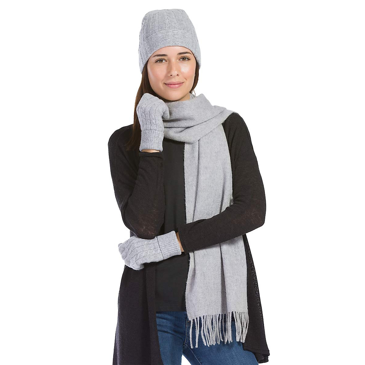 Fishers Finery Women's 100% Cashmere Hat Glove and Scarf Set; with Exquisite Box (Gray)