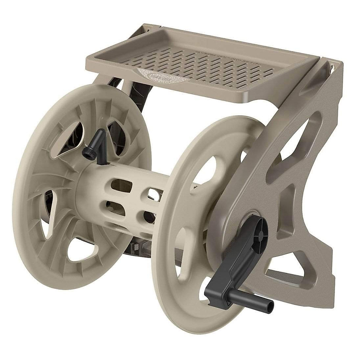 Suncast Handler Durable Hard Plastic Wall Mounted Outdoor Retractable Garden Hose Reel with Storage Tray and 200 Feet Hose Capacity, Taupe