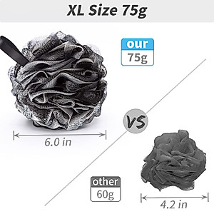 Bath Puffs Shower Loofah Sponge - Mesh Body Poufs, Large Loufa Sponges, Men Women Luffas, Soft Exfoliating Shower Lufa Poofs Back Scrubber Ball loofas for Skin Wash, 3 Pack（XL 75G), Black