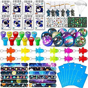 Lorfancy 96 Pcs Outer Space Party Favors Kids Space Toys Boys Girls Space Themed Party Supplies Slap Bracelets Tattoo Stickers Stampers Bouncy Ball Keychains Gift Bags Accessories Birthday Party Decorations