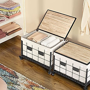 GREENSTELL Storage Basket with Wheels and Lid, 65L Handwoven Large Shelf Basket with Cotton Liner and Metal Frame, Foldable & Easy to Install, Storage Box Basket Bin with Handle Black